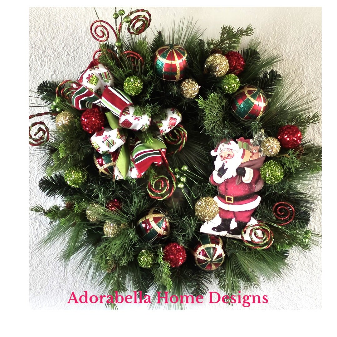 Retro Santa Evergreen Wreath With Red and Green Ornaments and - Etsy