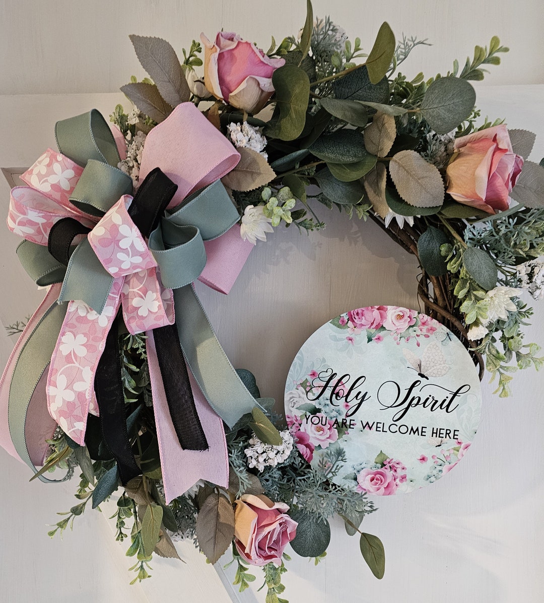 Grapevine Entryway Wreath With Artificial Dried Roses and Religious ...