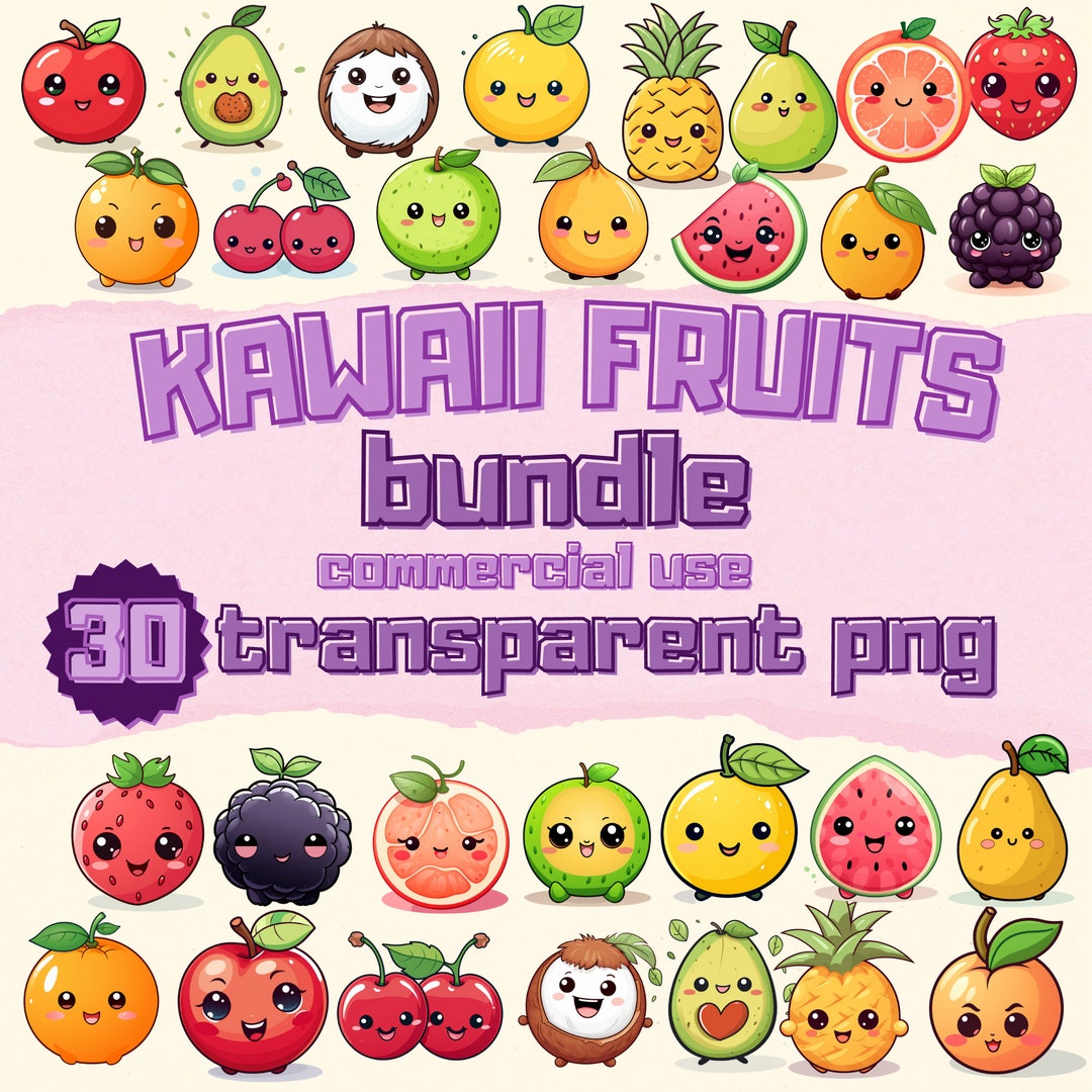 Kawaii Clipart Fruits PNG Bundle of Cute Happy Kawaii Graphics - Etsy