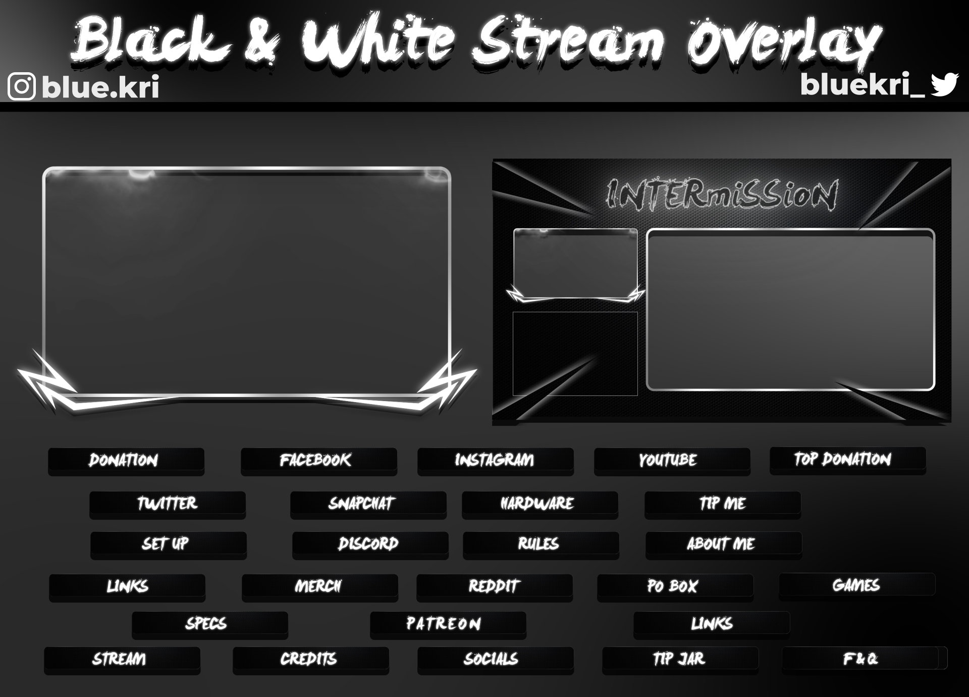 Animated Black & White Twitch Overlay Dark Stream Overlay Package Dark ...