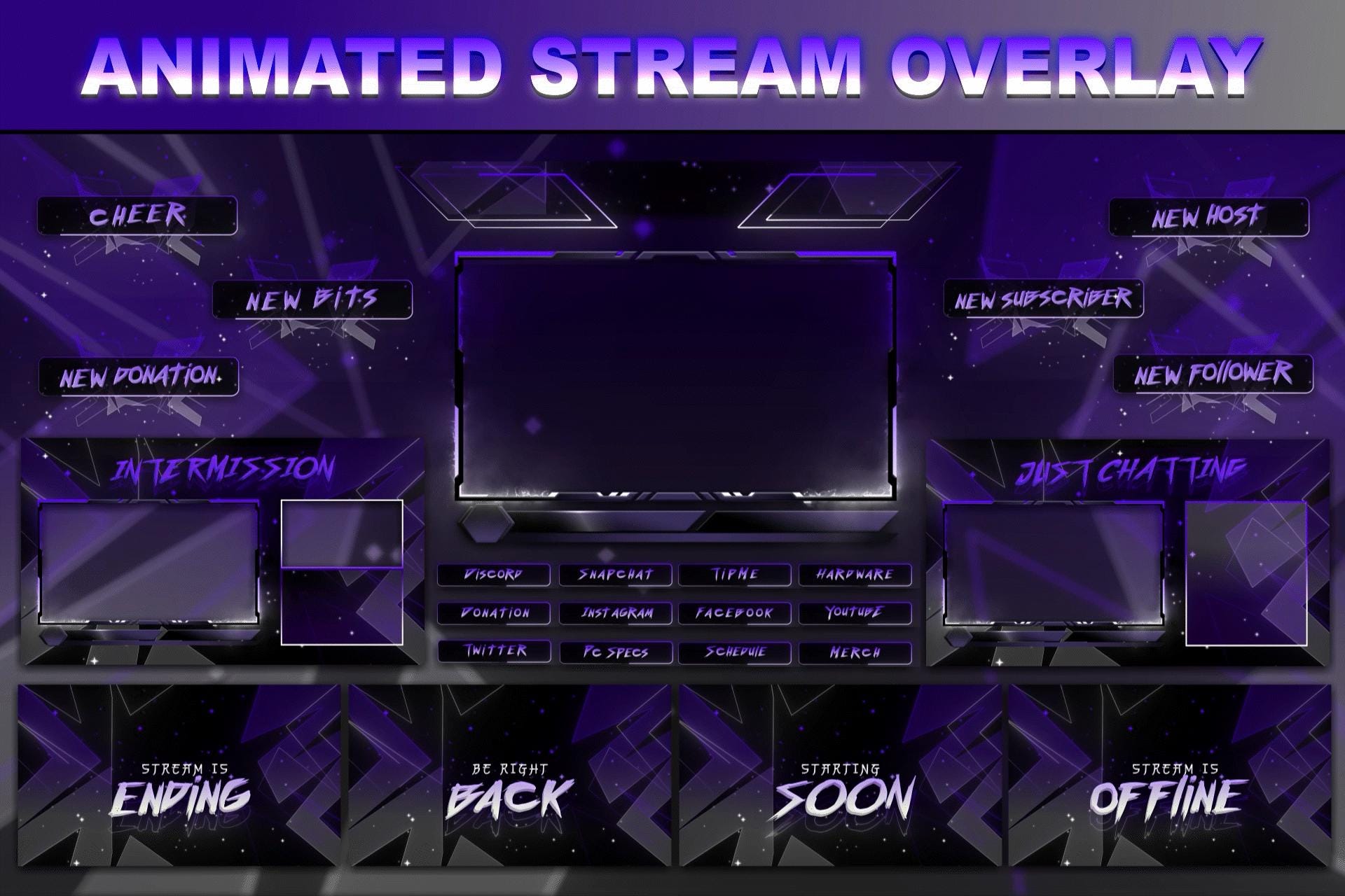 Neon Galaxy Animated Stream Overlay Package | Purple White Stream Overlay Package | Animated ...