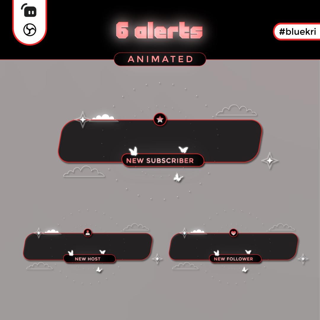 6X Animated Twitch Alerts Pack | Minimal Butterfly Alert Overlay | Red ...