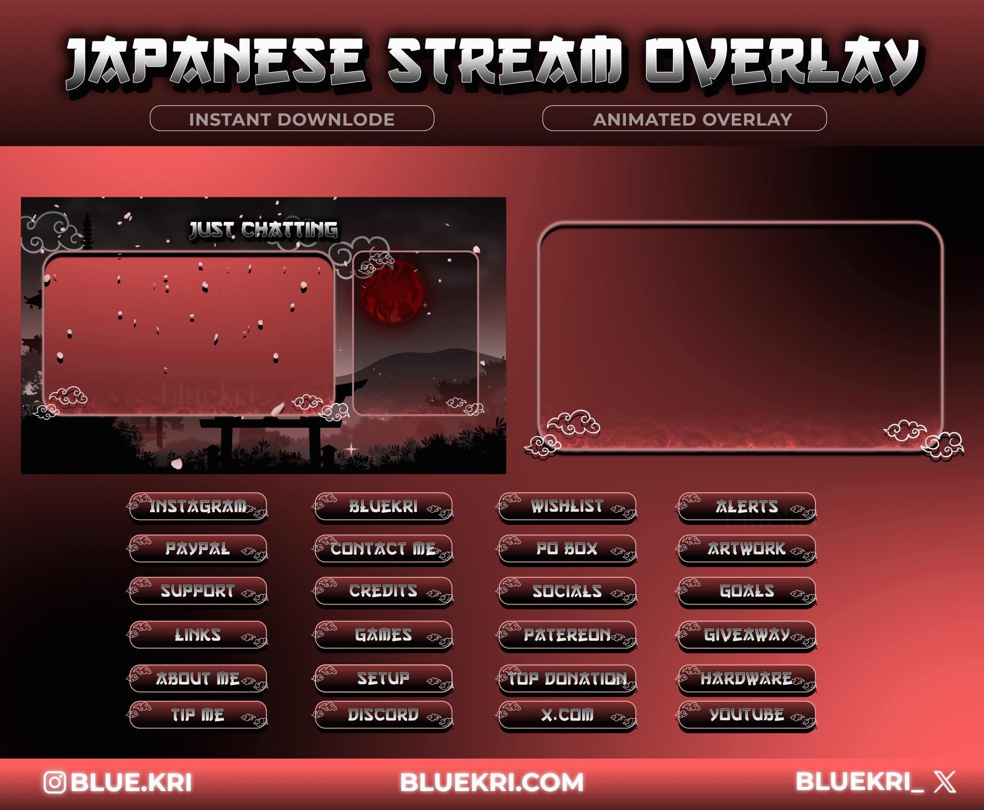 Japanese-themed Red Animated Stream Overlay | Japanese Twitch Stream ...
