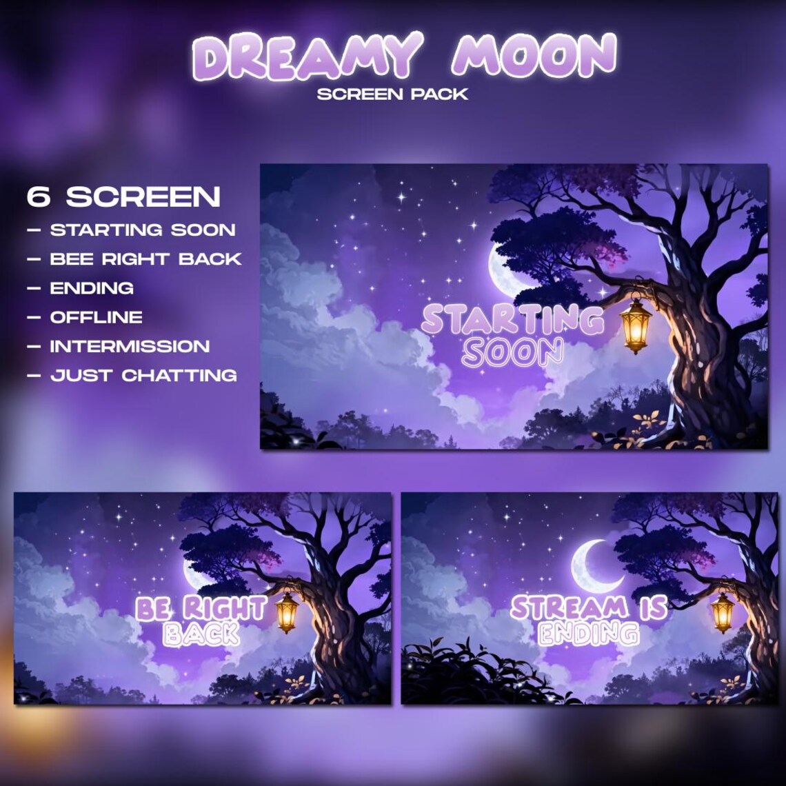 Dreamy Moon Stream Screen Pack | Purple Night Sky Twitch Overlay | 6 ...