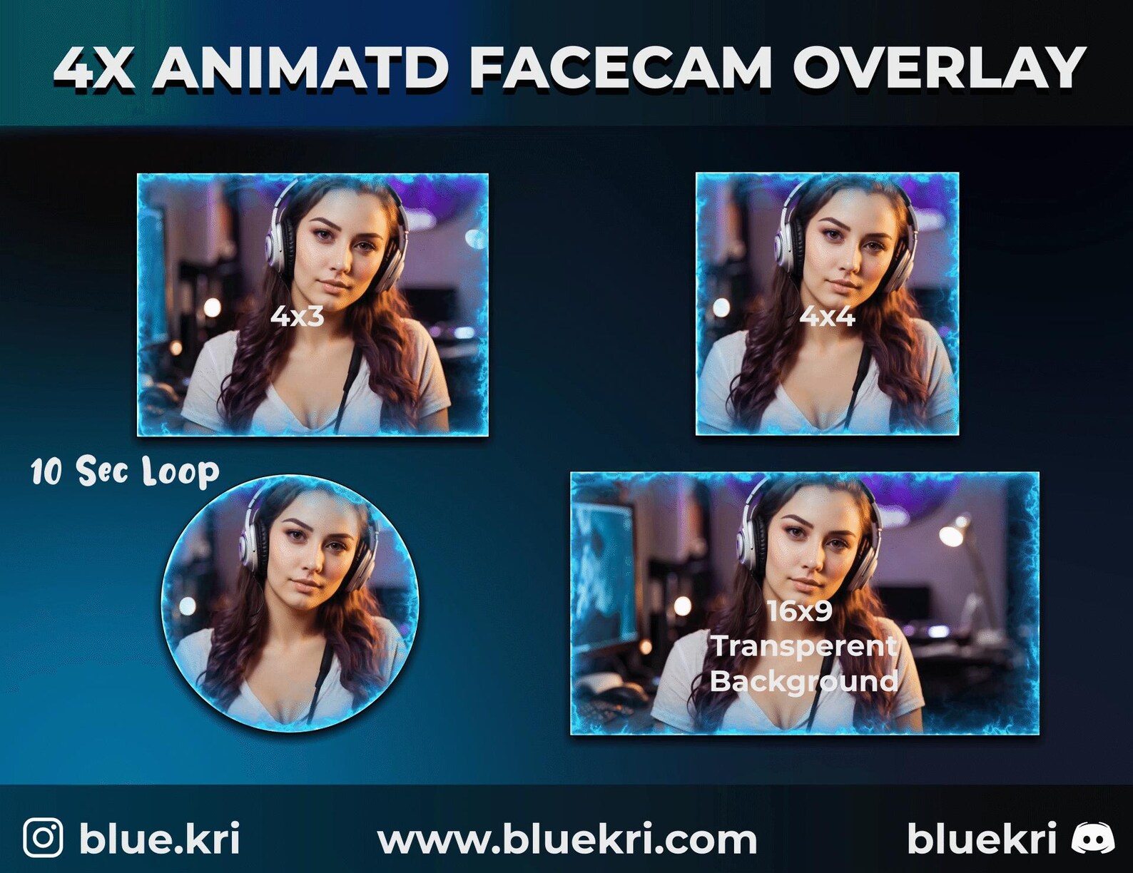 Blue Animated Facecam Overlay Pack - 4x Unique Designs | Webcam ...