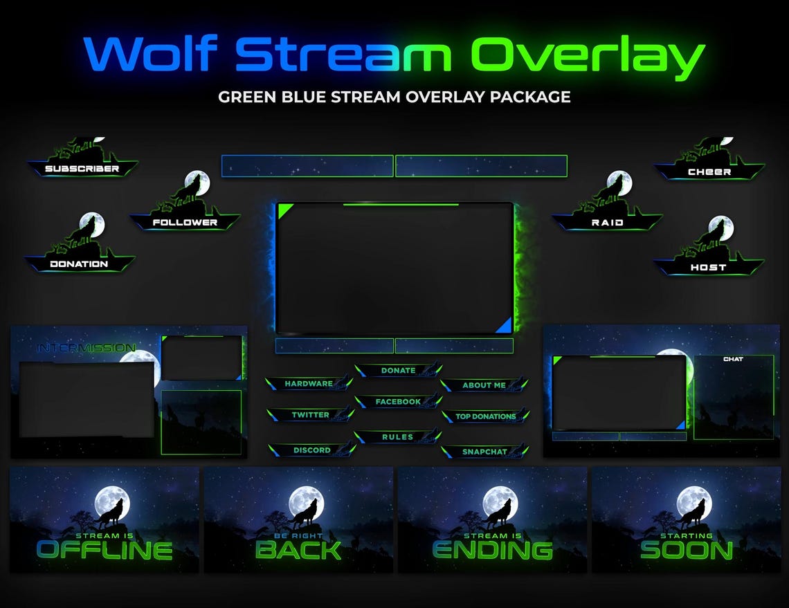 Lunar Wolf Stream Overlay: Green and Blue Twitch Package, Wolf Overlay ...