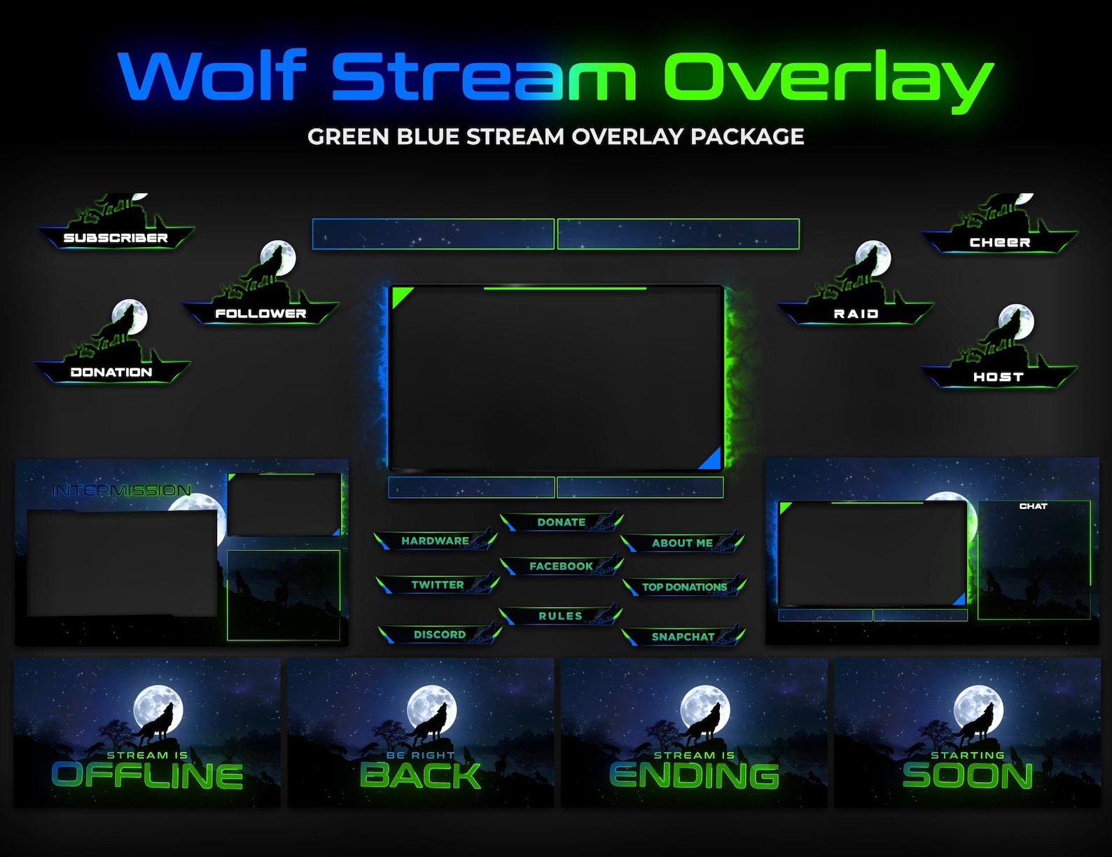 Lunar Wolf Stream Overlay: Green and Blue Twitch Overlay Pack, Wolf ...