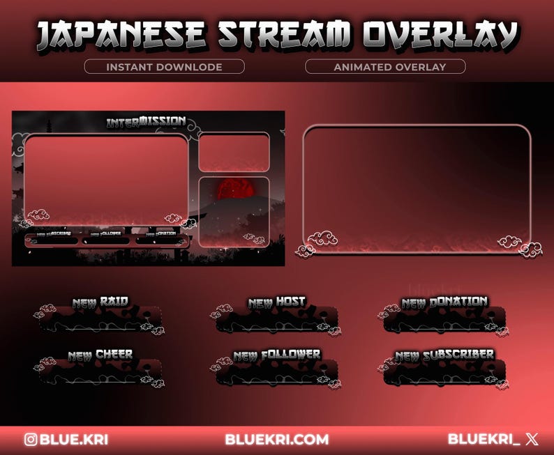 Japanese-themed Red Animated Stream Overlay | Japanese Twitch Stream ...