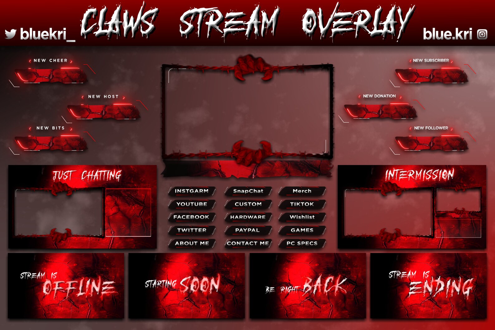 Claws Animated Twitch Overlay, Red Stream Package, Twitch Alerts, Scene ...
