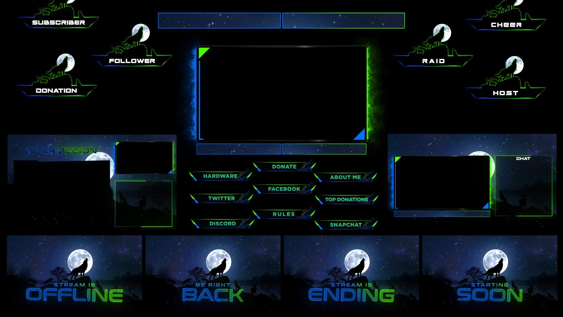 Lunar Wolf Stream Overlay: Green and Blue Twitch Package, Wolf Overlay ...