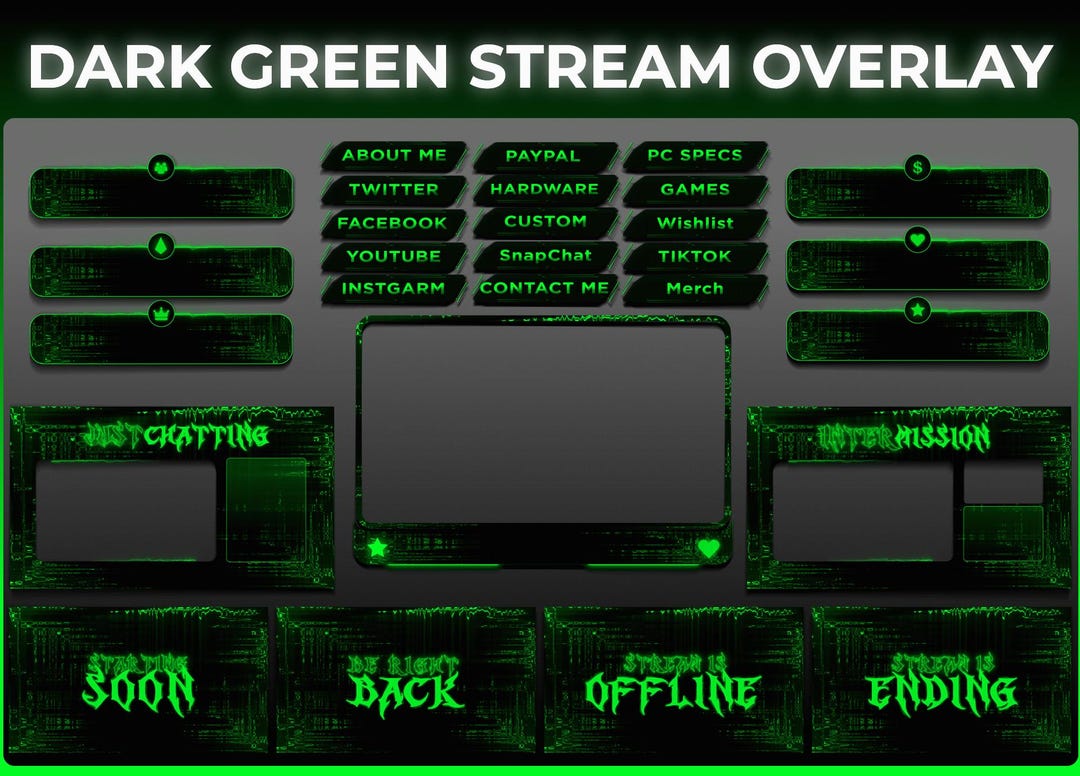 Dark Green Stream Overlay | Green Animated Stream Overlay Pack | Twitch ...