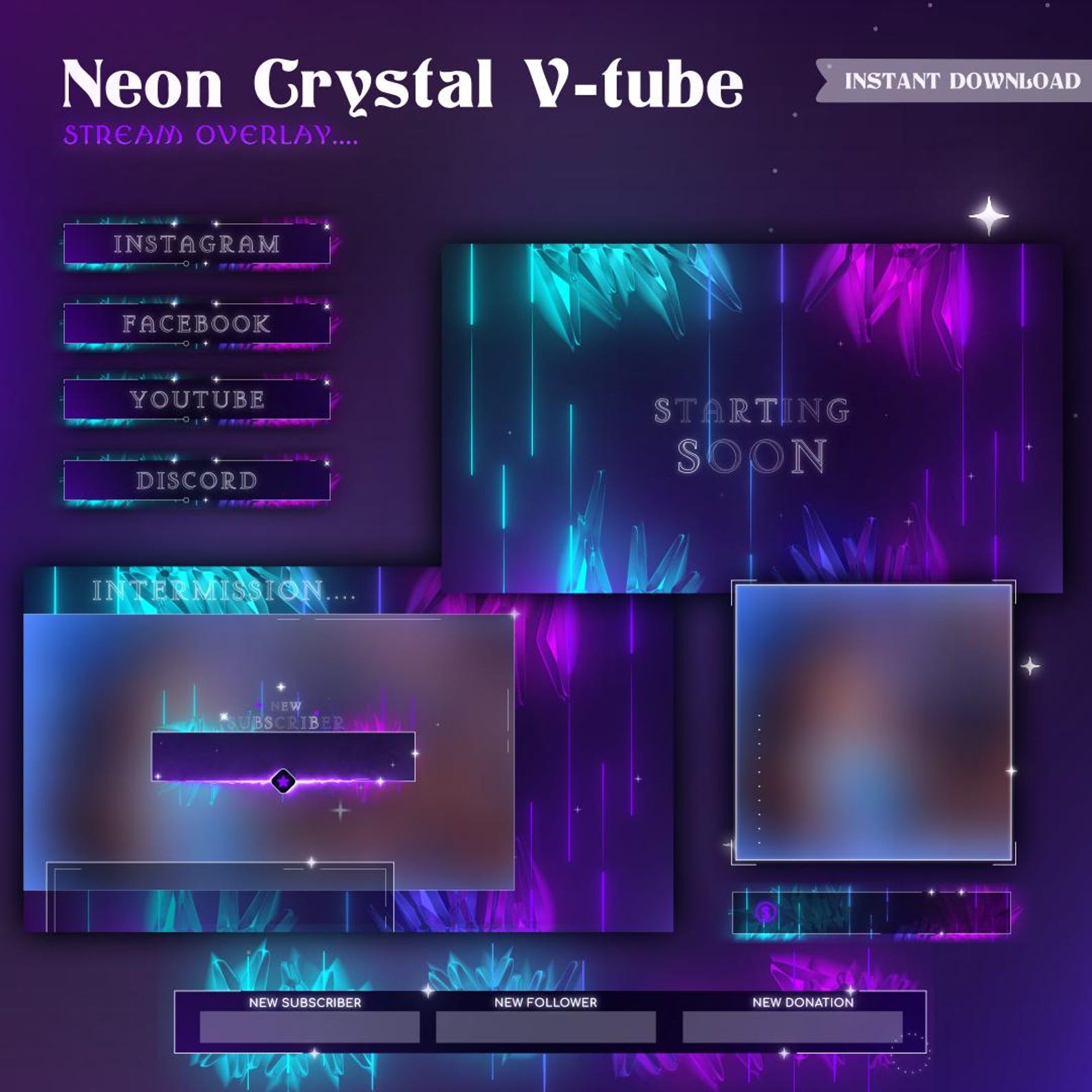 Animated Neon Crystal Stream Overlay Pack for V-tube/twitch (digital ...