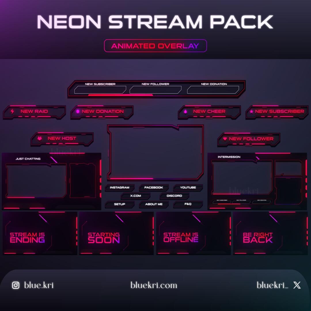 Neon Animated Stream Overlay Package, Cyberpunk Twitch & Tiktok Screens ...