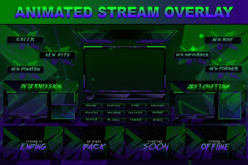 Purple Green Stream Overlay Package | Neon Galaxy Animated Stream ...