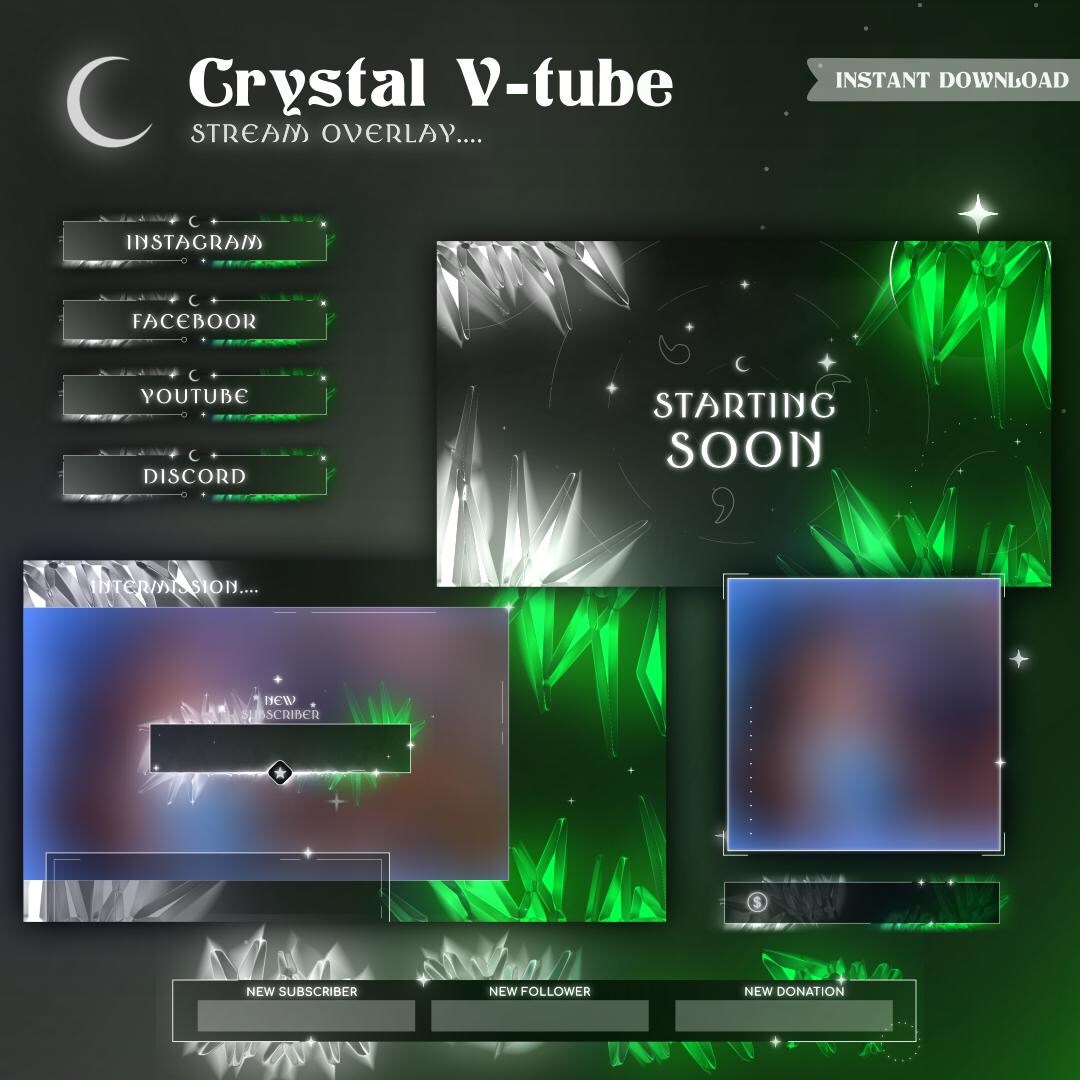 Green Crystal V-tube Stream Overlay Package | Animated V-tuber Overlay ...