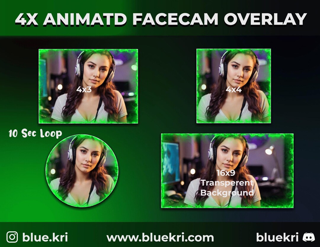 Green 4X Animated Facecam Overlay Pack | Webcam | Twitch Webcam Perfect ...
