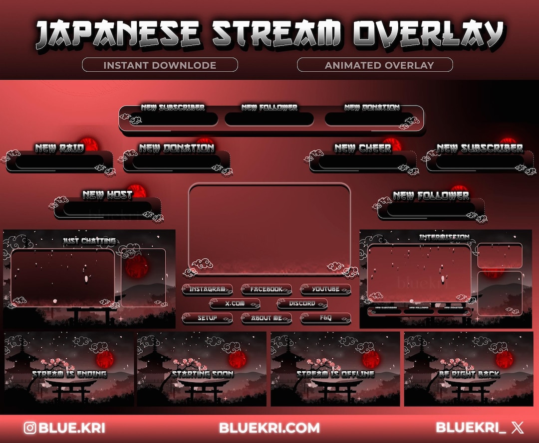 Japanese-themed Red Animated Stream Overlay | Japanese Twitch Stream ...