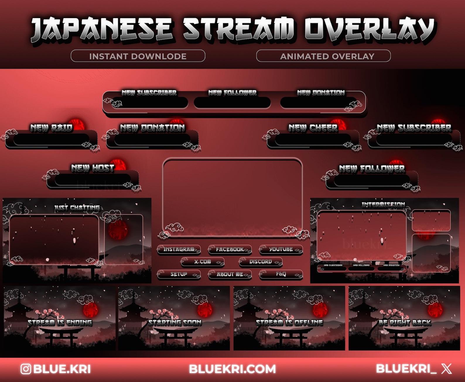 Japanese-themed Red Animated Stream Overlay | Japanese Twitch Stream ...