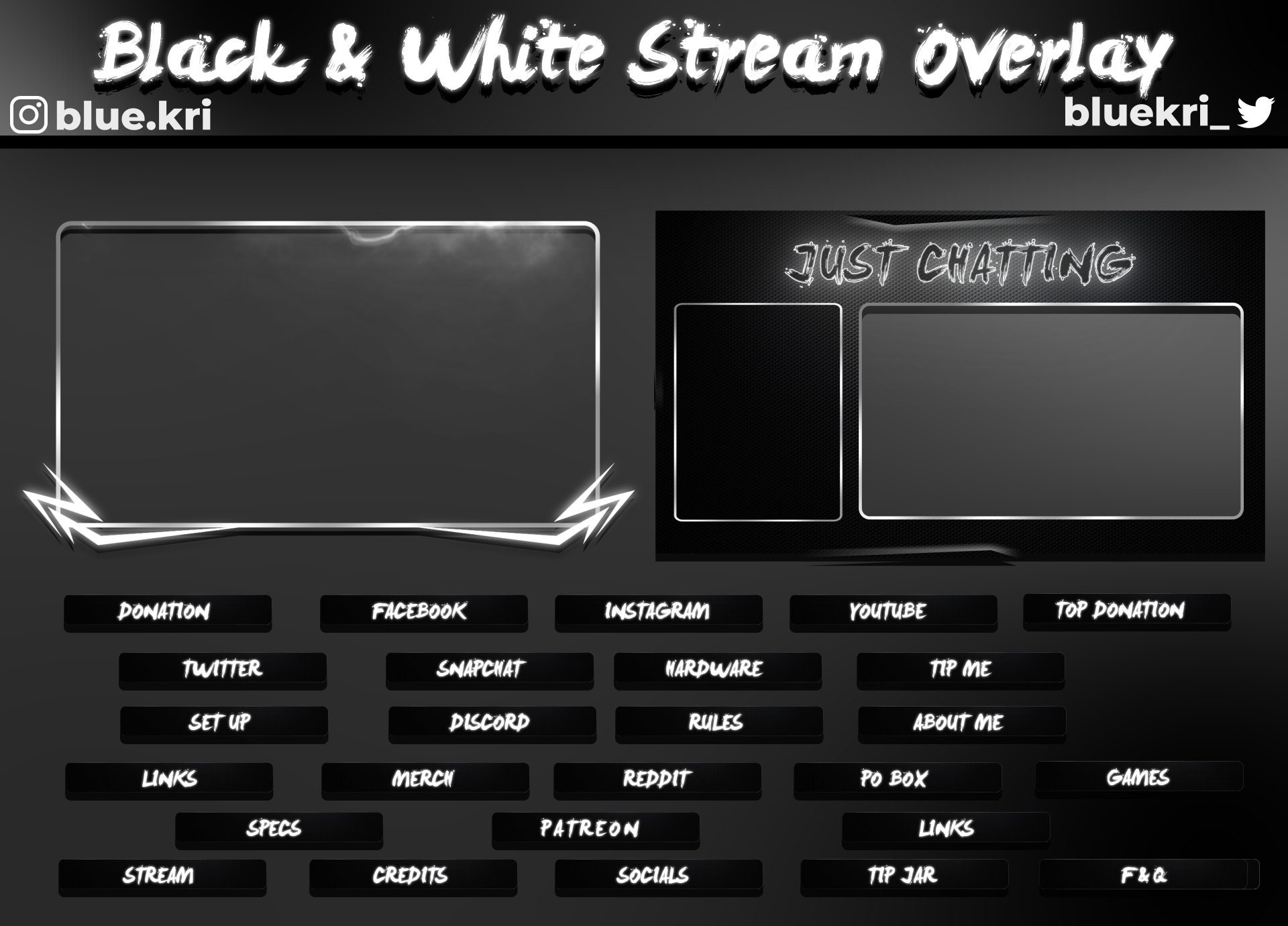Animated Black & White Twitch Overlay Dark Stream Overlay Package Dark ...