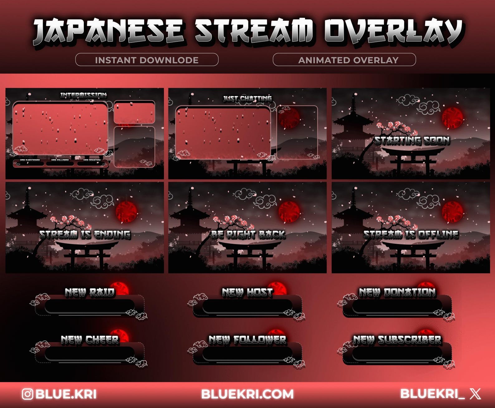 Japanese-themed Red Animated Stream Overlay | Japanese Twitch Stream ...