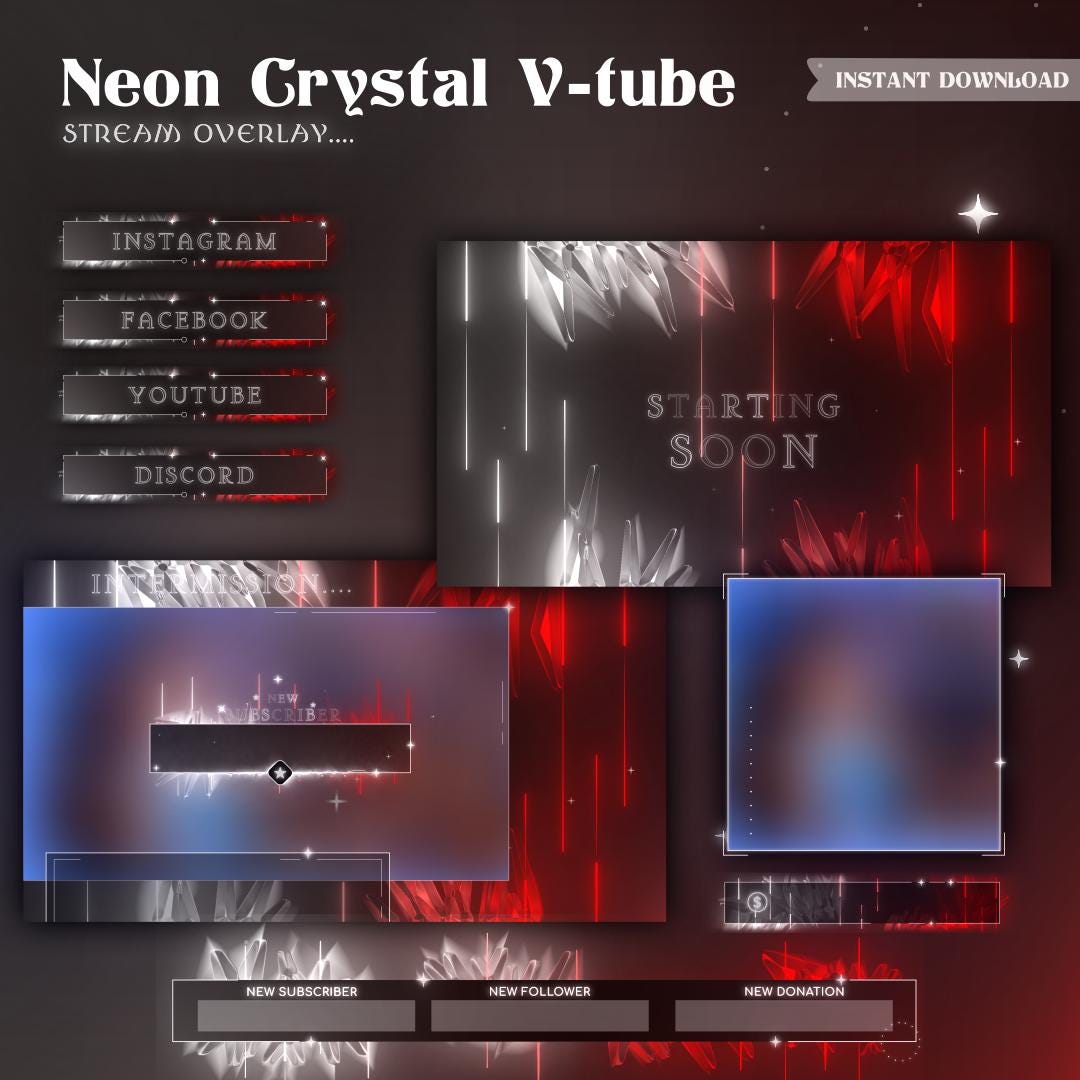 Neon Crystal V-tube Stream Overlay Package | Animated Red Futuristic ...
