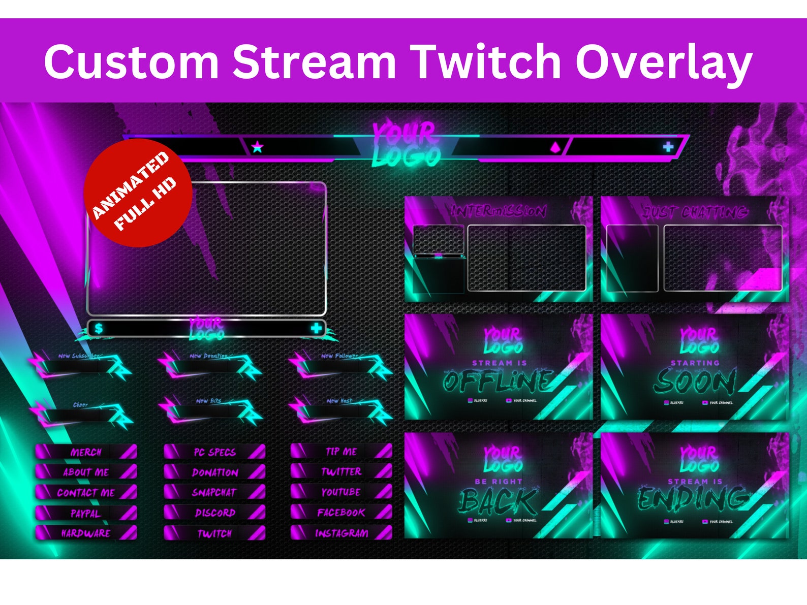Custom Animated Twitch Overlays, Custom Twitch Overlay Package L ...