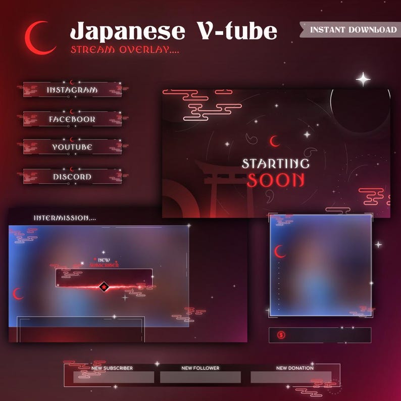Japanese V-tuber Stream Overlay Package | Animated Red & Black (digital ...