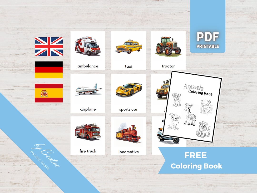 VEHICLES 30 Montessori Flash Cards Cartoon Comic Style German English ...
