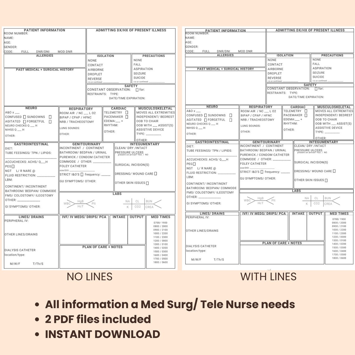 Nursing Report Sheet, Med Surg, Telemetry, Nurse Report Sheet for ...