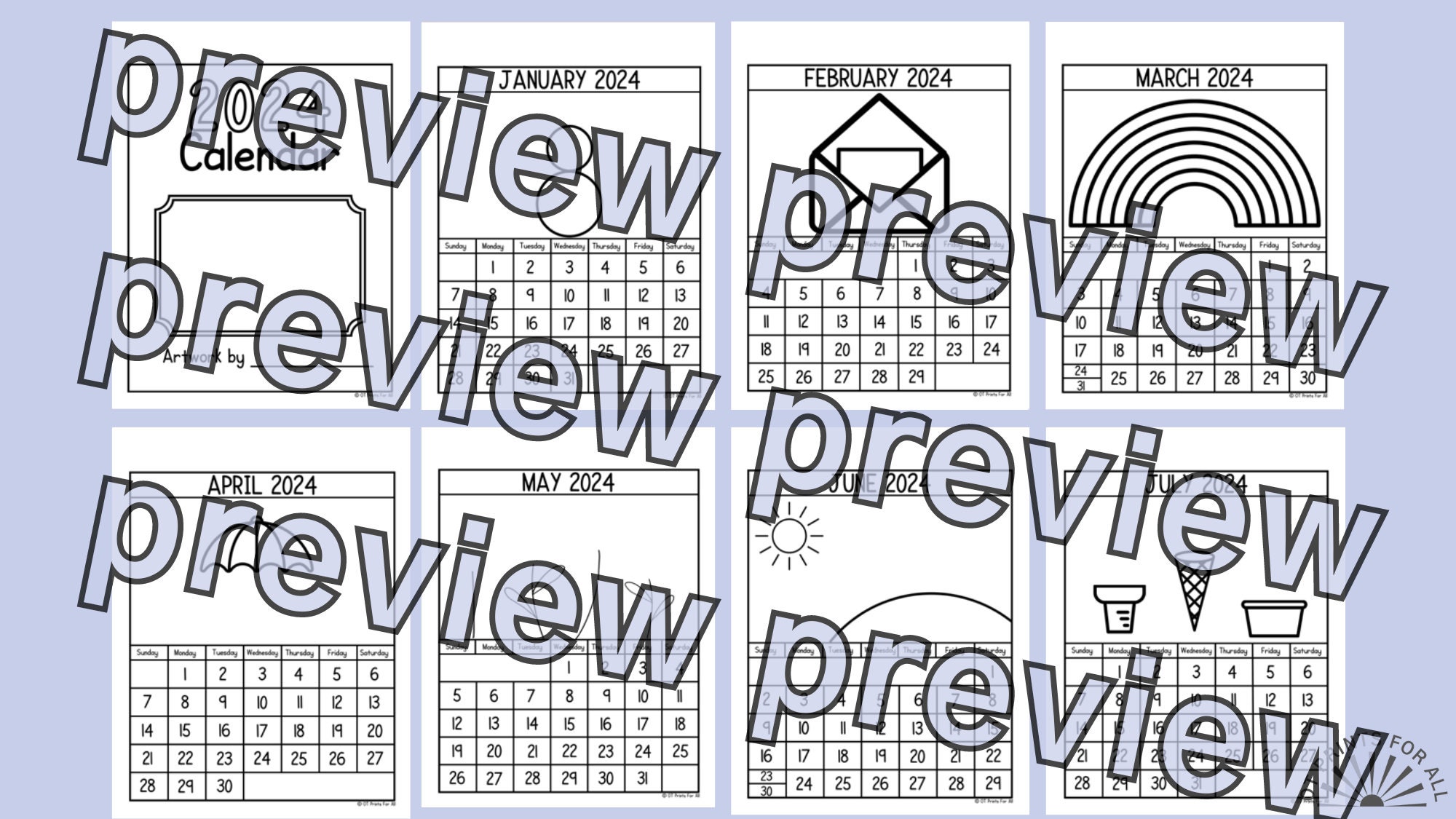 2024 Artwork Calendar for Kids Printable New Years Activities 2024 New ...