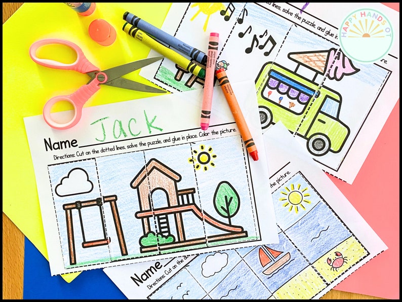 Summer Cut Paste Puzzle Scissor Skill Preschool Worksheets for Kids Pre ...