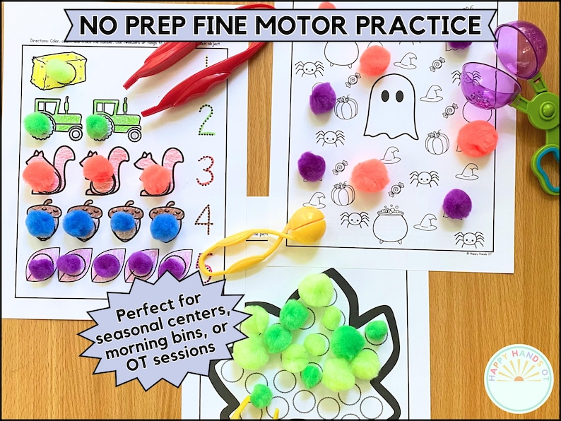 Fall Pom Pom Fine Motor Worksheets Halloween Preschool Centers Autumn ...