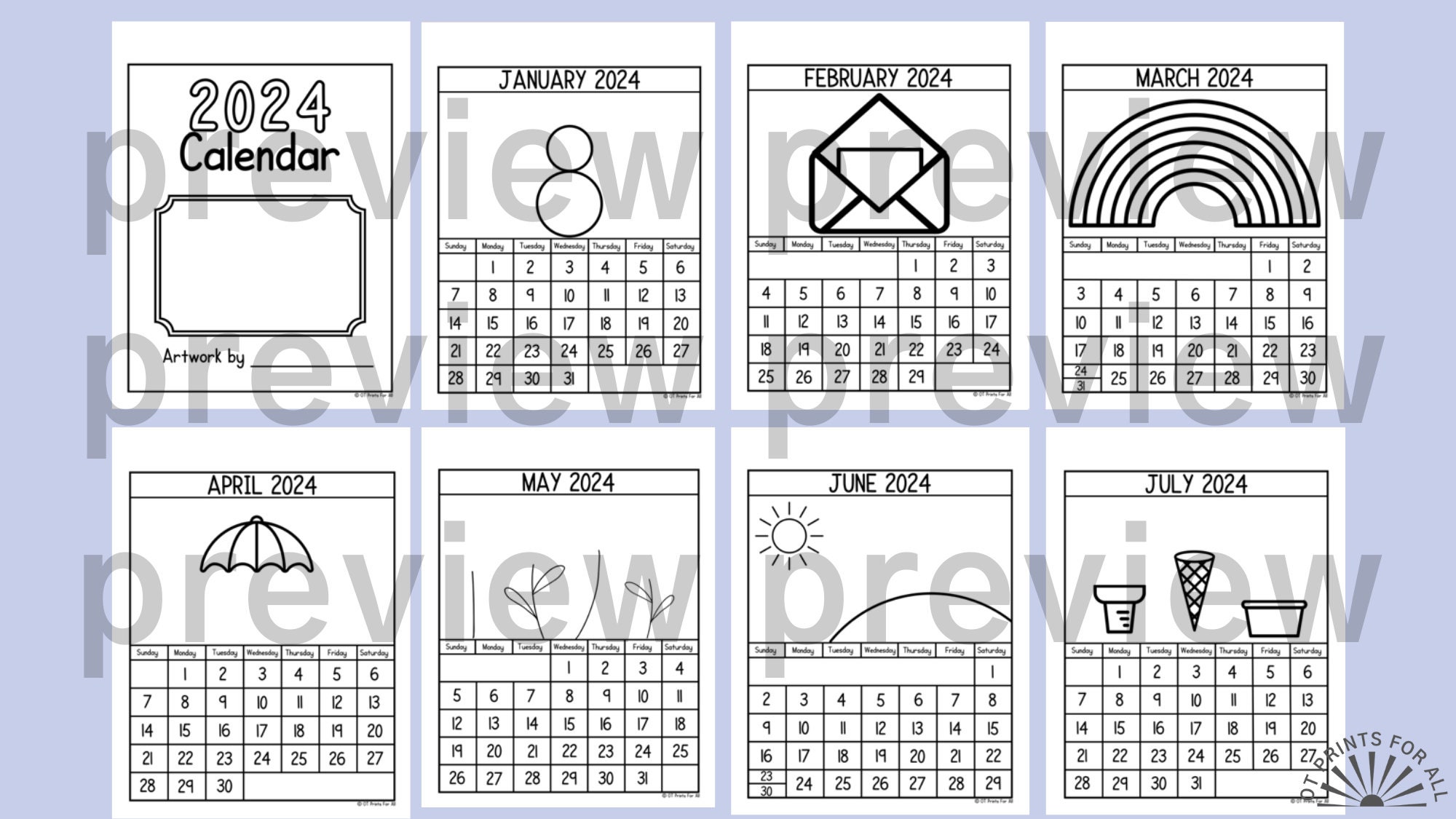 2024 Artwork Calendar for Kids Printable New Years Activities 2024 New ...