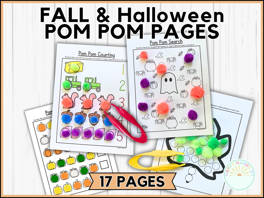 Fall Pom Pom Fine Motor Worksheets Halloween Preschool Centers Autumn ...