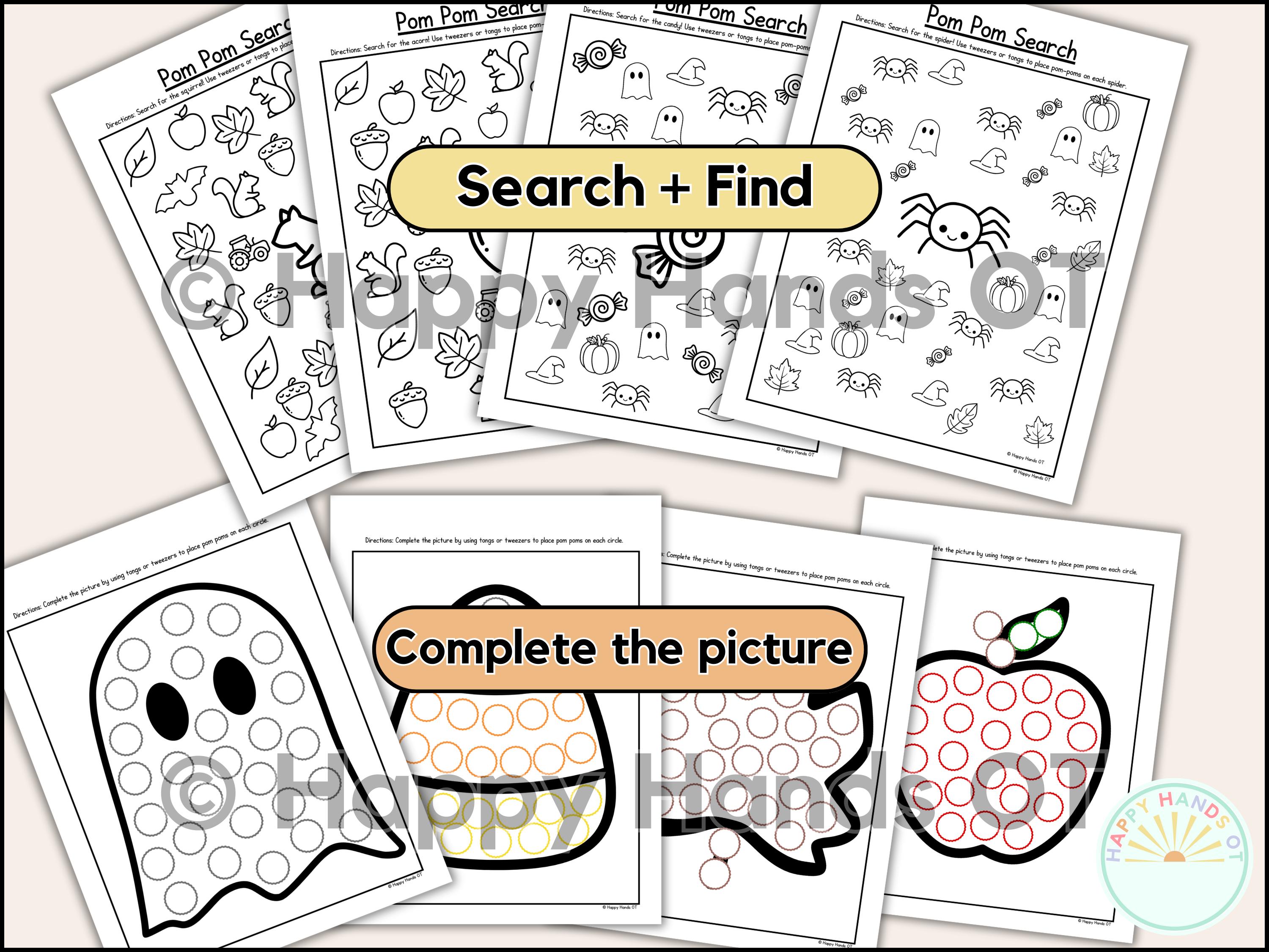 Fall Pom Pom Fine Motor Worksheets Halloween Preschool Centers Autumn ...