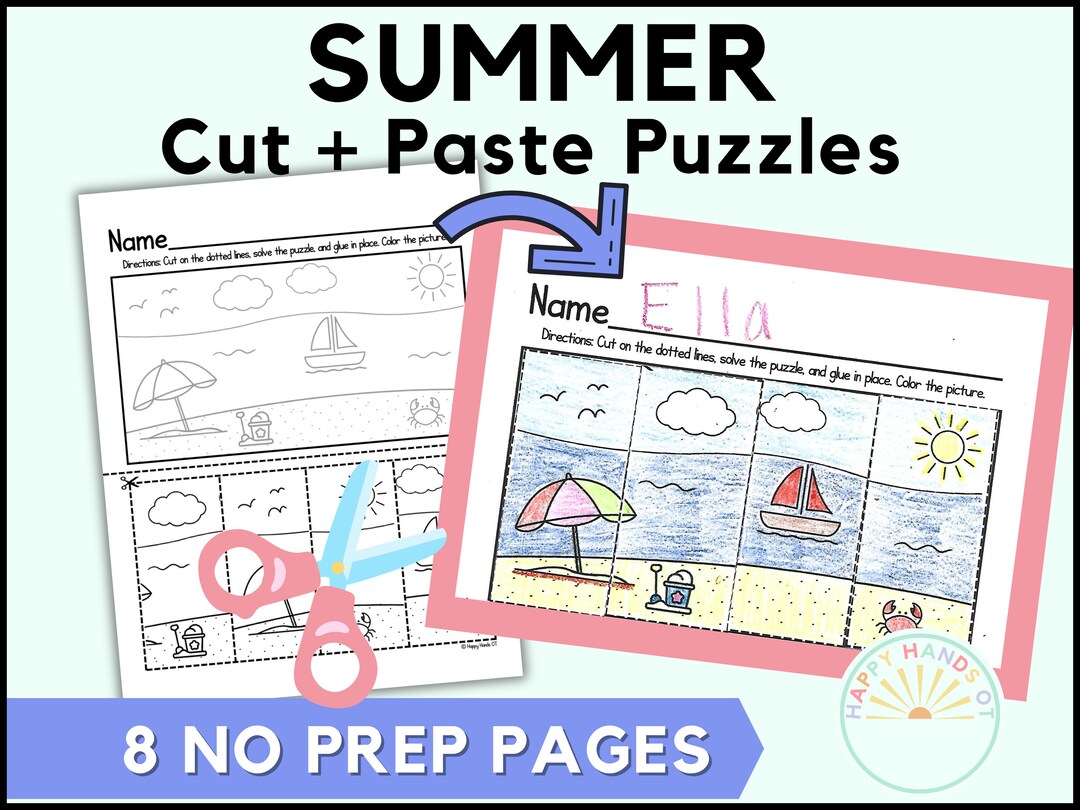 Summer Cut Paste Puzzle Scissor Skill Preschool Worksheets for Kids Pre ...