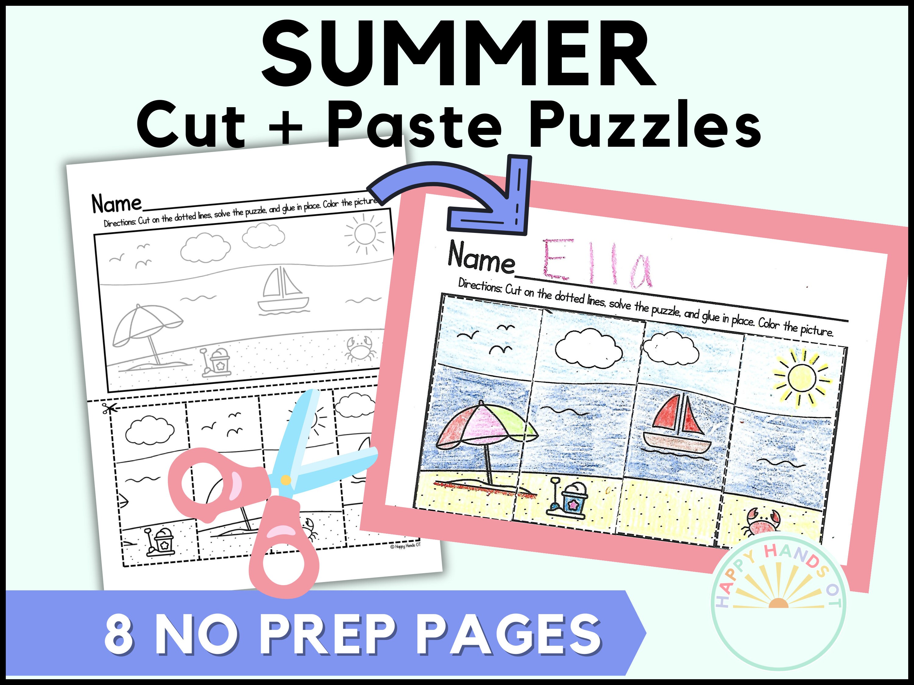Summer Cut Paste Puzzle Scissor Skill Preschool Worksheets for Kids Pre ...