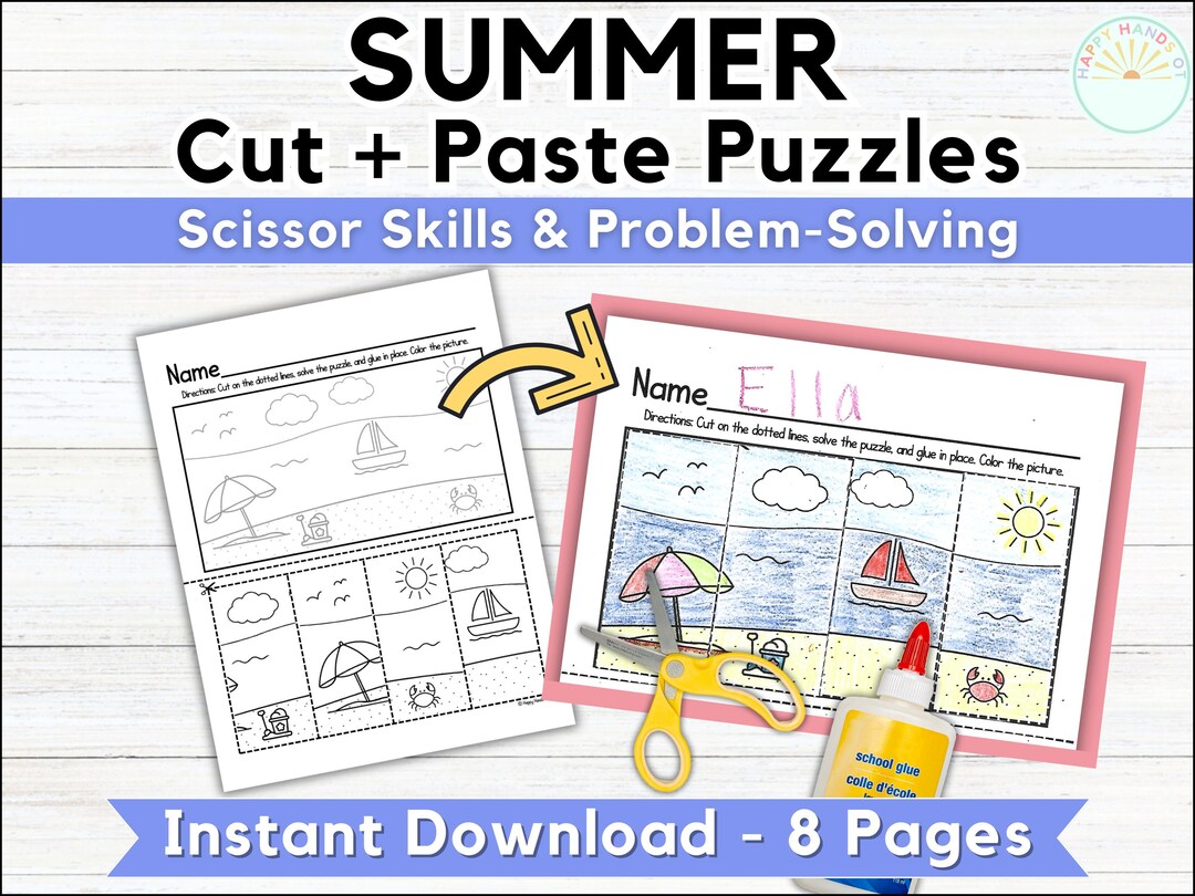 Summer Cut + Paste Puzzle Scissor Skill Preschool Worksheets for Kids ...