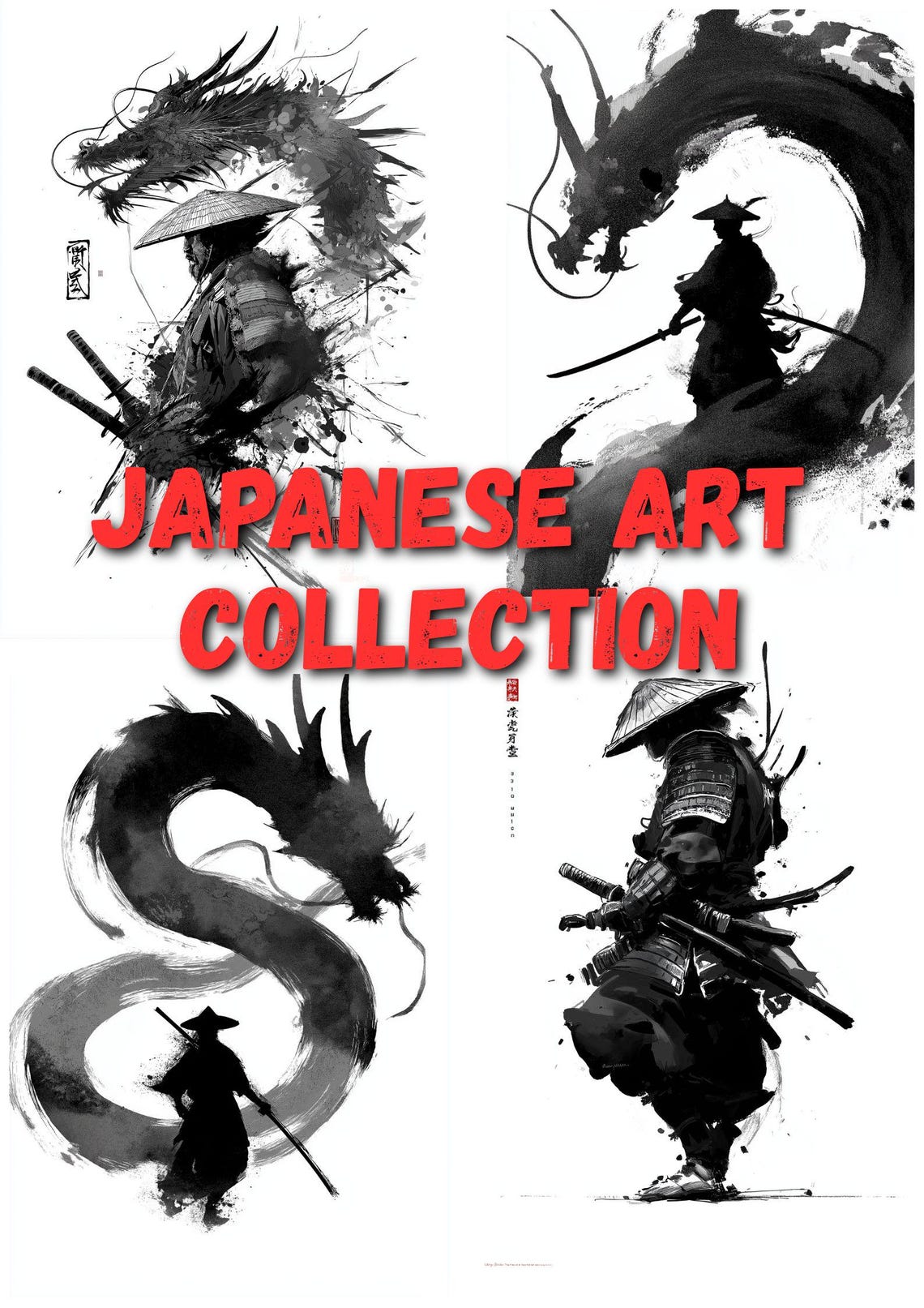 Japanese Samurai & Dragon Wall Art Printable | Ink Brush Stroke Art ...