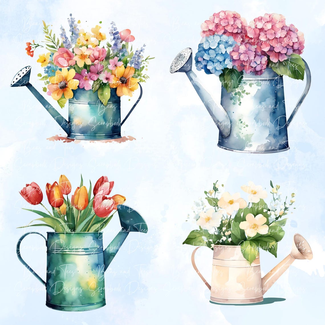 Floral Watering Can Flower Art Watercolor Clipart Bundle 10 PNG Files ...