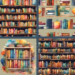 Library Bookshelves Digital Paper Pack, 16 Watercolor Book Patterns ...