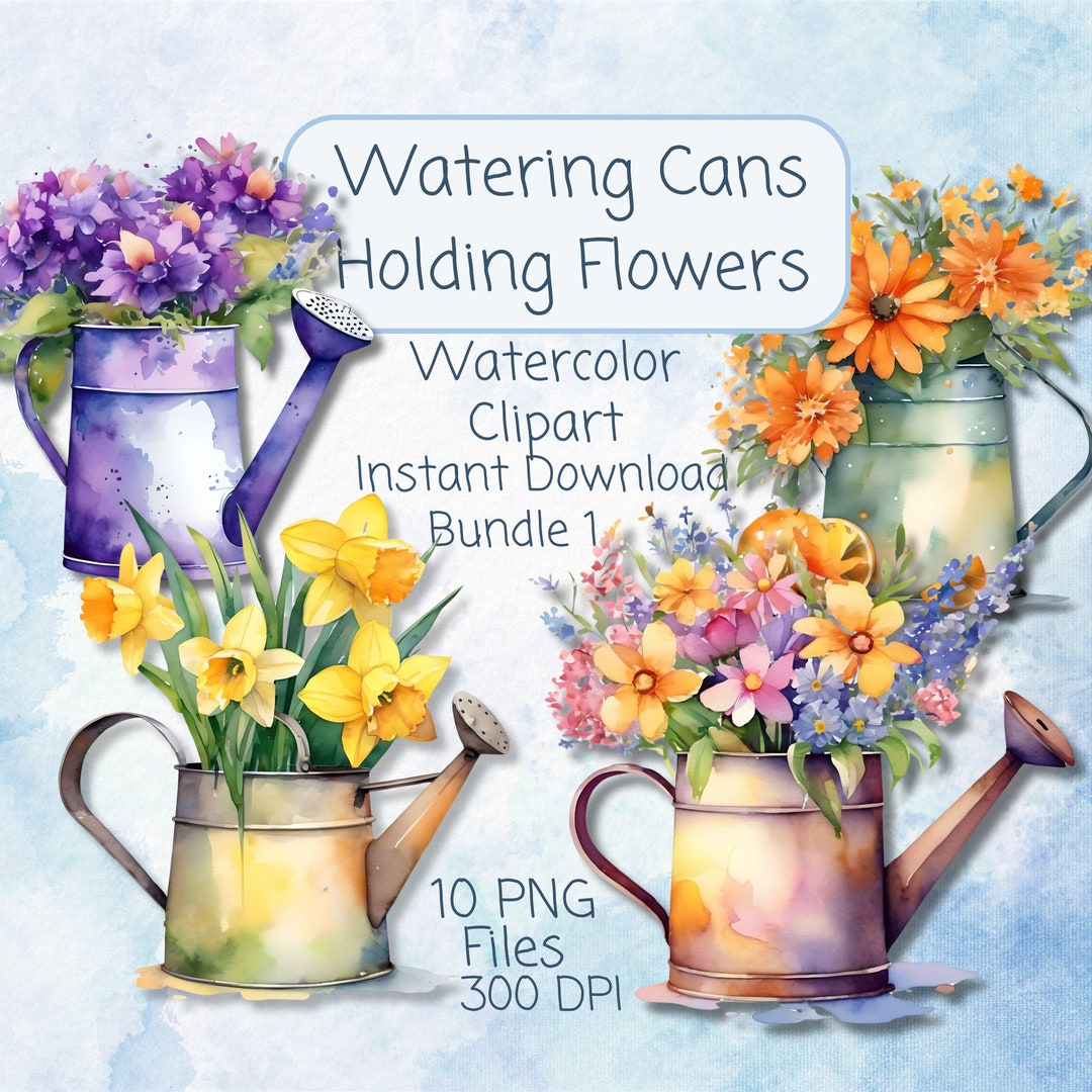 Watering Can Floral Watercolor Clipart Spring Flowers PNG Bundle ...