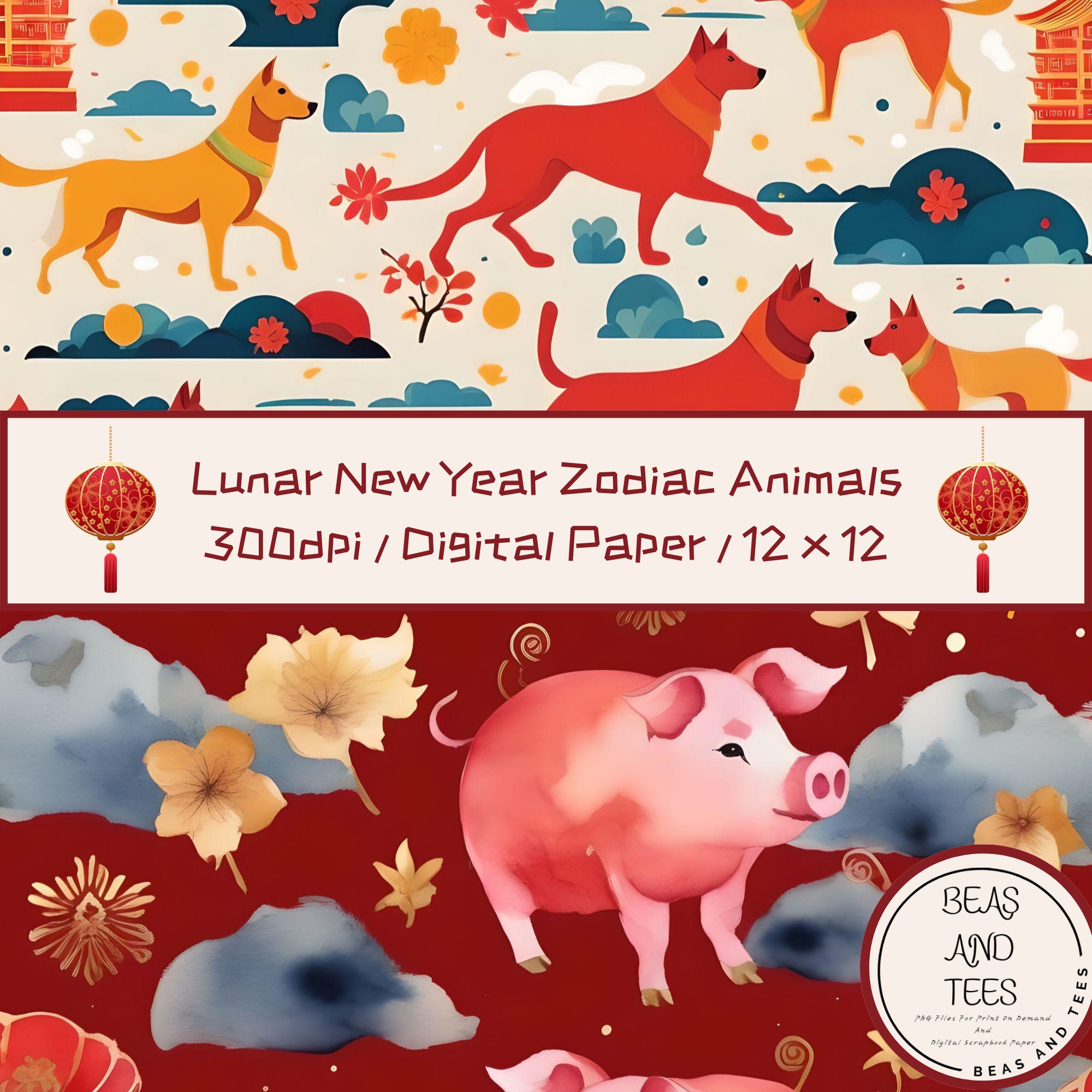 Lunar New Year Zodiac Animals Digital Paper Pack 12x12 300 DPI Chinese ...