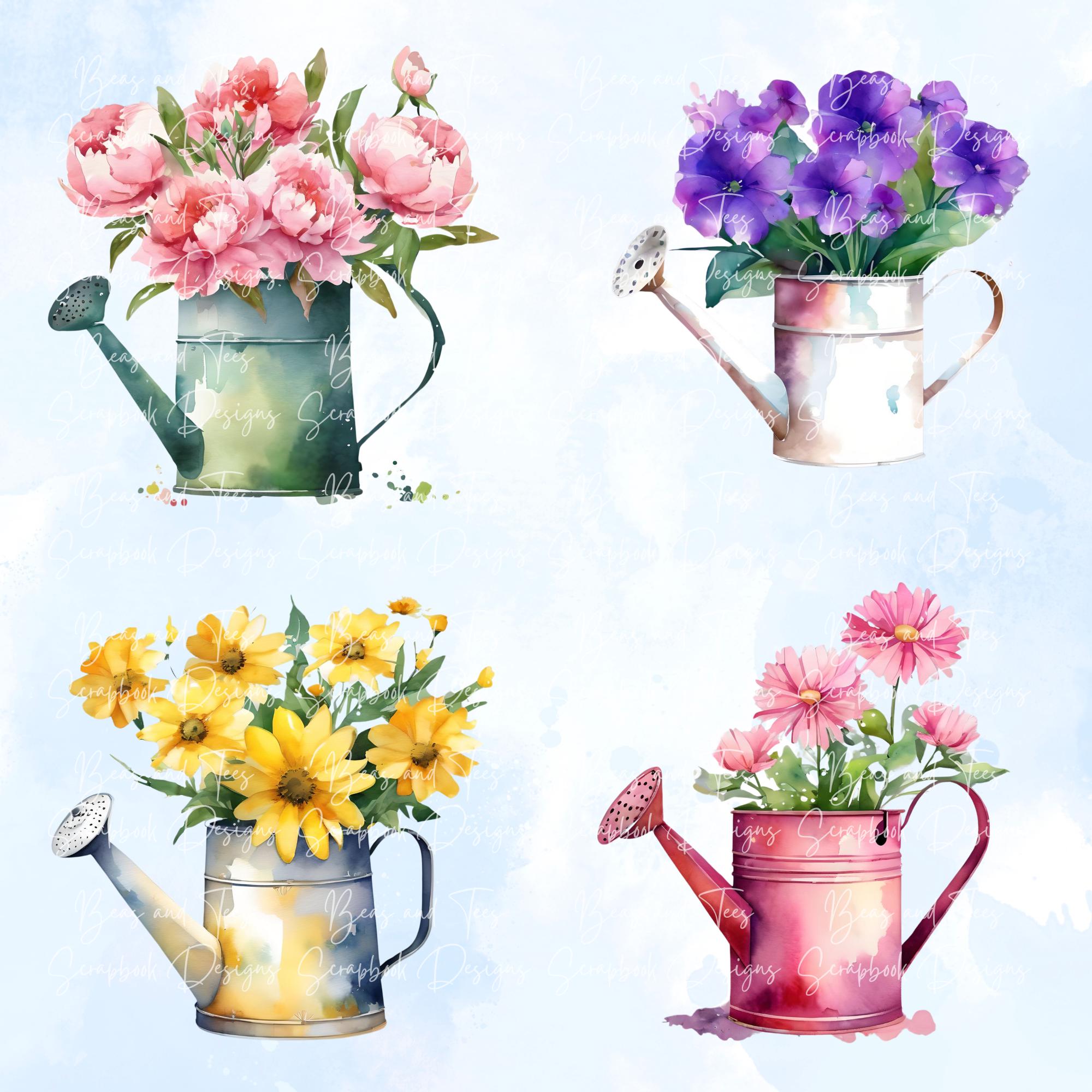 Floral Watering Can Flower Art Watercolor Clipart Bundle 10 PNG Files ...