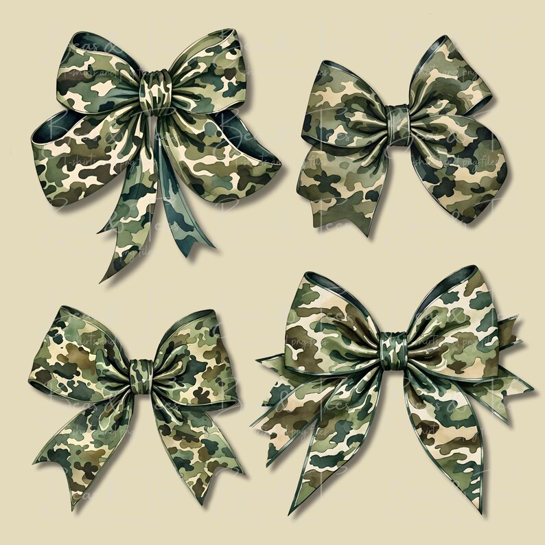 Camouflage Bow Clipart Watercolor Camo Hunting Bows Coquette Camo Bow ...