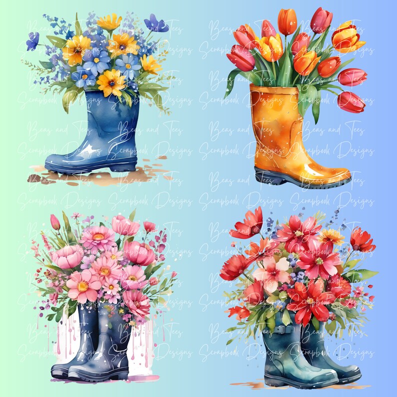 Watercolor Rain Boot With Flower Clipart 10 PNG Files 300 DPI Spring ...