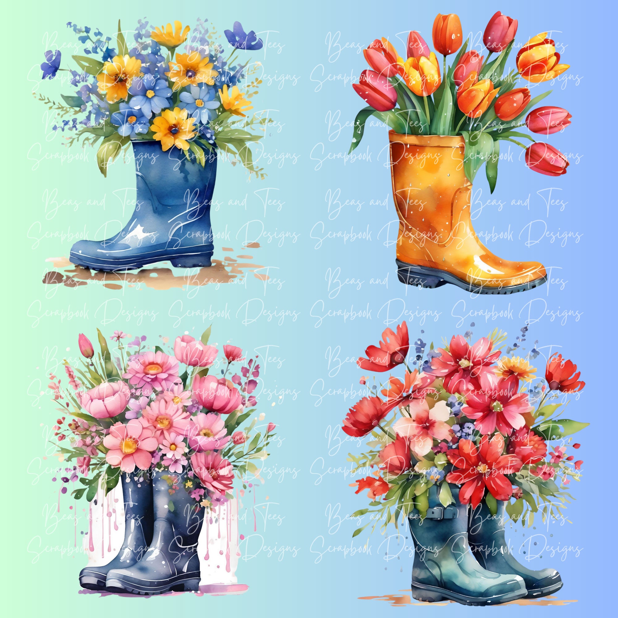 Watercolor Rain Boot With Flower Clipart 10 PNG Files 300 DPI Spring ...
