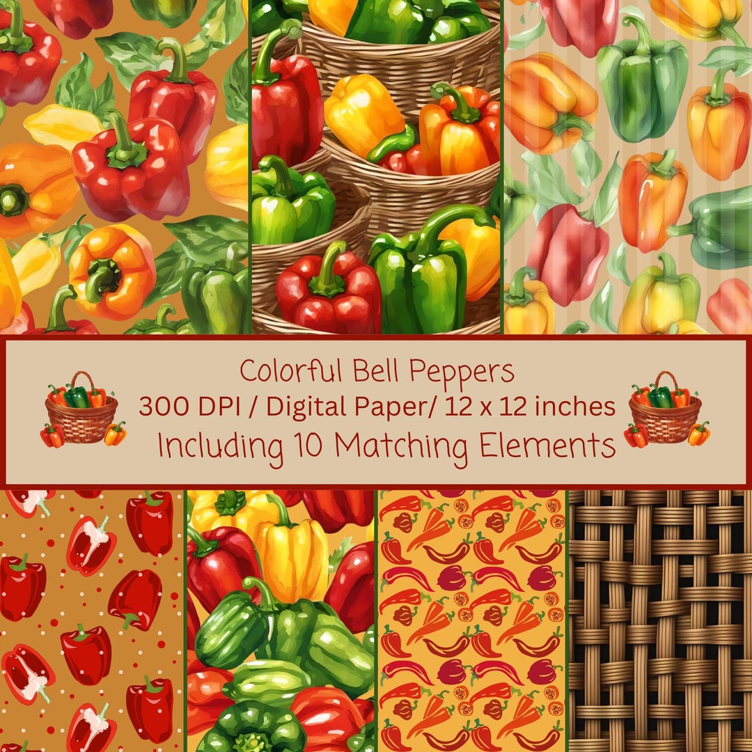 Colorful Bell Pepper Digital Paper & Clipart Bundle 12x12 300 DPI Food ...