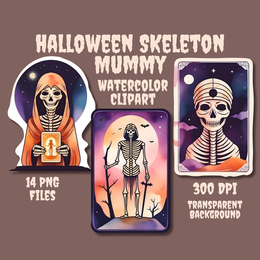 Halloween Skeleton Mummy Clipart Bundle Printable Watercolor Halloween ...