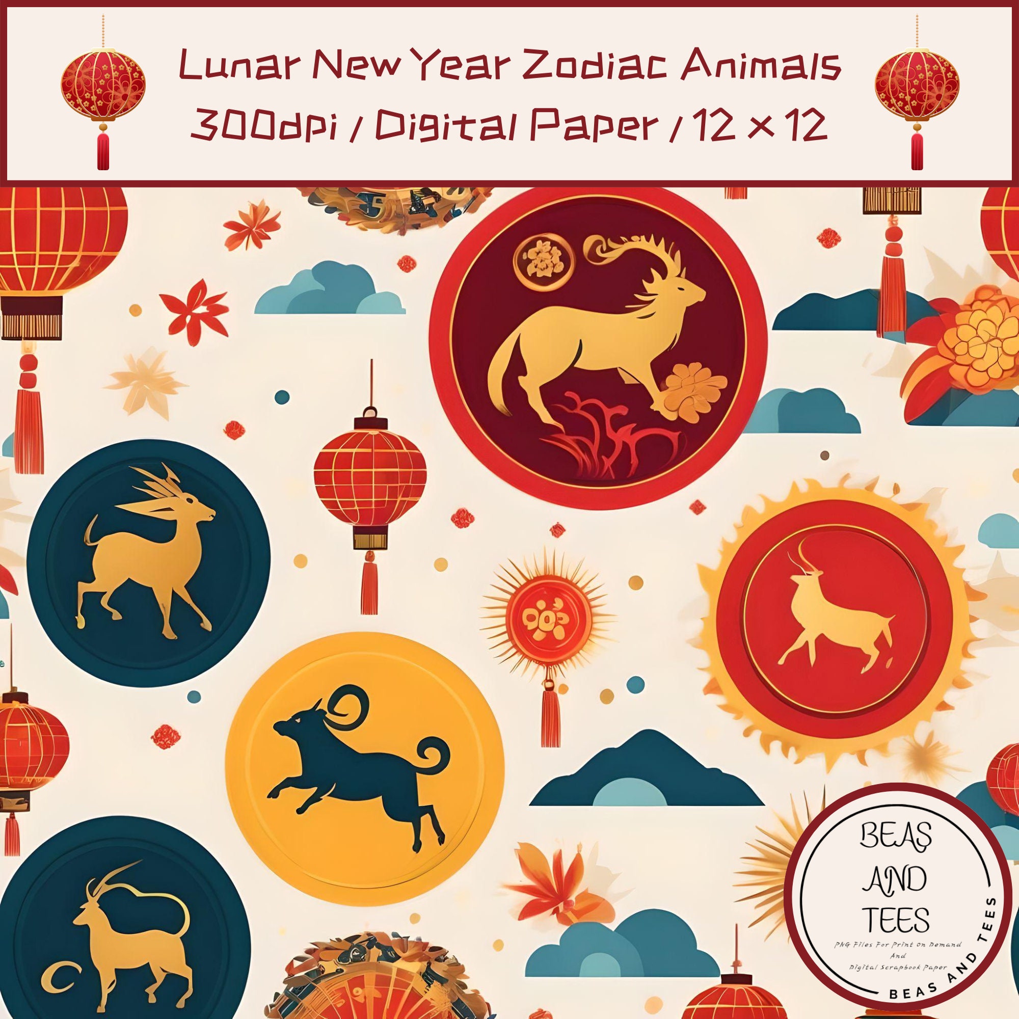 Lunar New Year Zodiac Animals Digital Paper Pack, Chinese Lantern ...